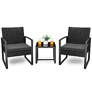 Homall Balcony 3 Piece Furniture Table Garden Backyard Outdoor Patio Use Porch Chairs Cushioned PE Wicker Bistro Set Rattan (Black)