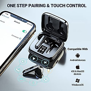 KO-STAR Ultra-Light Wireless Earbuds, 5.1 Bluetooth Earbuds, LED Display, Exceed 33 feet Connection, Touch Control, Built-in Microphones, 24hs Playtime Bluetooth Headphones for Sports/Work-T10 Black