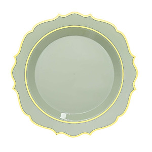 Efavormart 10 Pack | 10" Sage Green Plastic Dinner Plates Disposable Tableware Round With Gold Scalloped Rim for Wedding, Outdoor Receptions, Banquets, Holiday Dining
