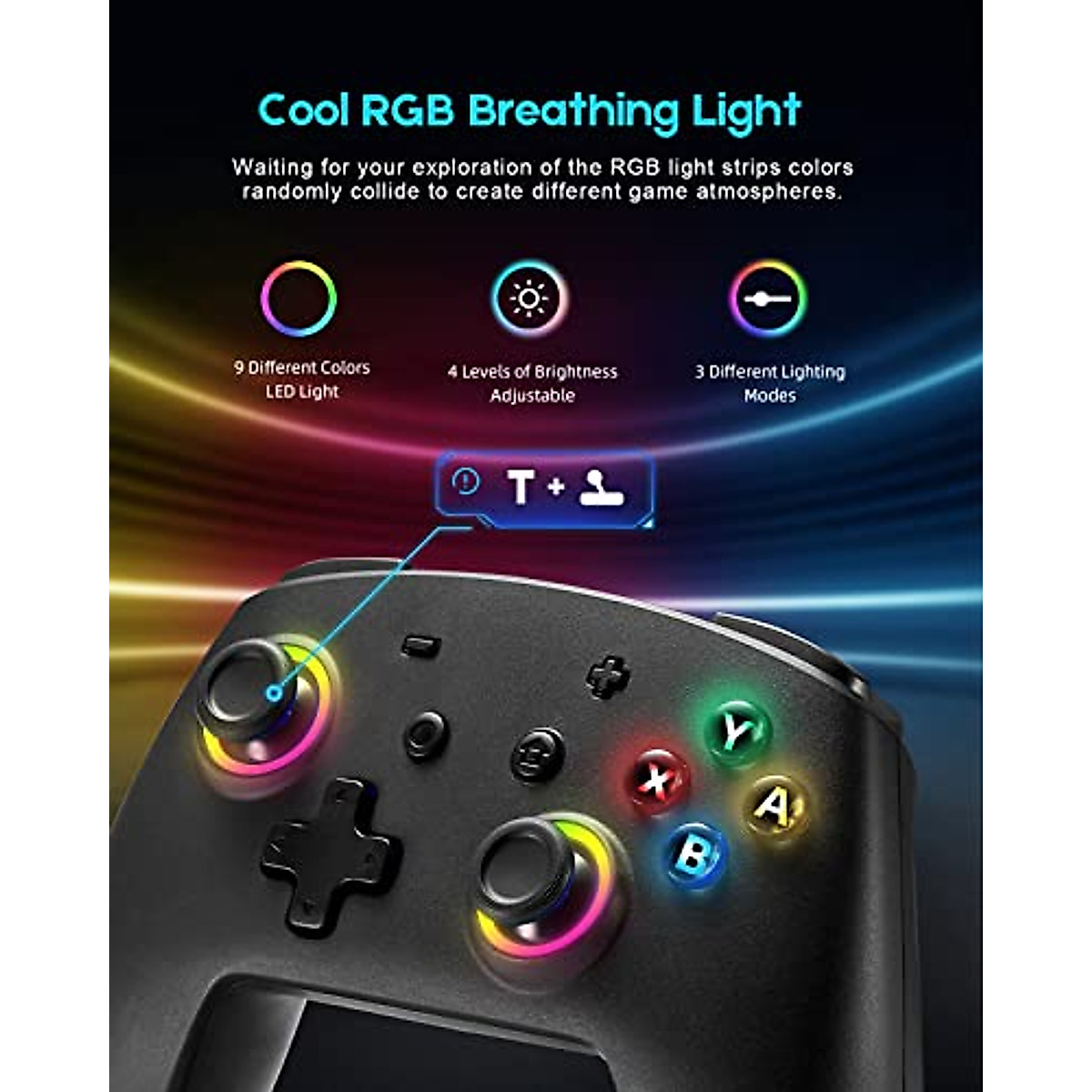 YKOEX Switch Controller, 9 LED Colors, Switch Pro Controller Compatible with Switch/Switch OLED/Switch Lite, Wireless Gamepad with Back Buttons/Programmable/Motion Control/Dual Vibration/Turbo