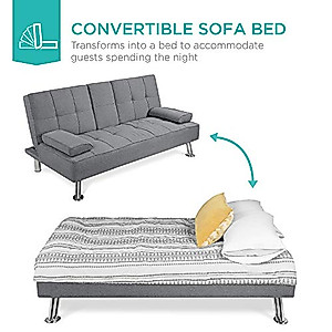 Best Choice Products Linen Upholstered Modern Convertible Folding Futon Sofa Bed for Compact Living Space, Apartment, Dorm, Bonus Room w/Removable Armrests, Metal Legs, 2 Cupholders - Gray