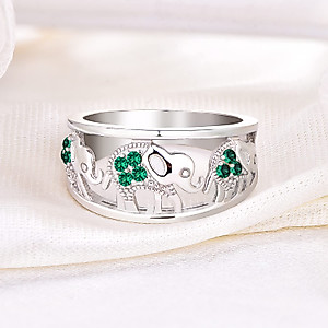JO WISDOM 925 Sterling Silver Cubic Zirconia Elephant Ring Animal Rings,May Birthstone Emerald Color Jewelry Rings for Women size 7