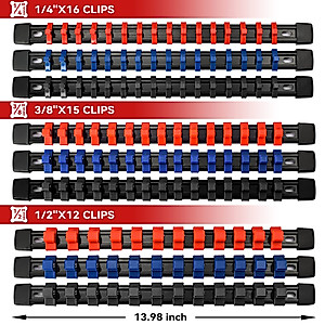 ALOANES 9PC ABS Socket Organizer, 1/2 inch, 3/8 inch and 1/4 inch Drive Socket Rail Holders, Heavy Duty Socket Racks, Black Rails with Red Blue Black Clips
