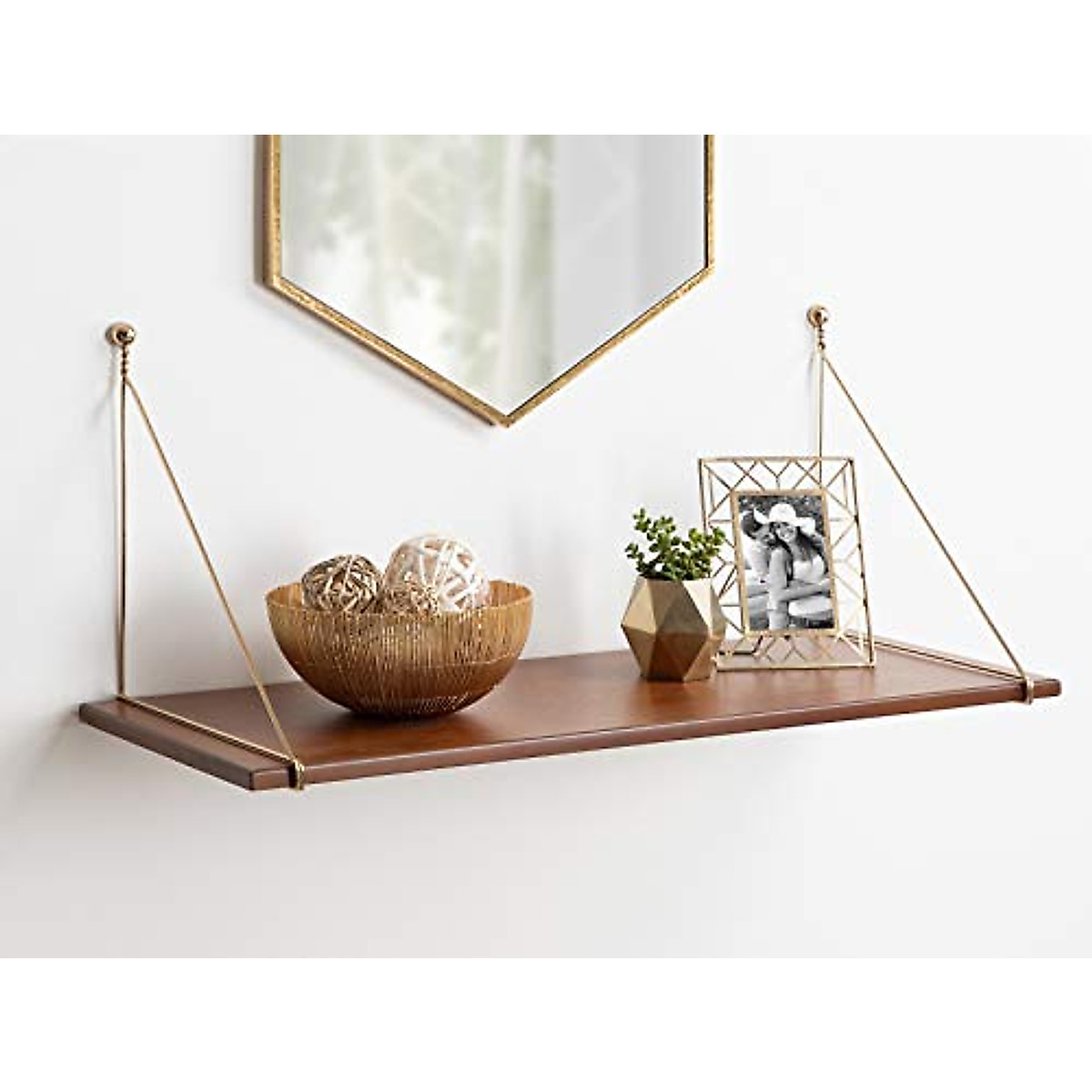Kate and Laurel Vista Mid-Century Modern, Space-Saving, Wall Mounted Desk Shelf - Rich Walnut Brown Finished Wood Top Supported with Decorative Gold Wire