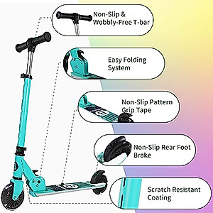 BELEEV Scooters for Kids Ages 3-12 with Light-Up Wheels & Stem & Deck, 2 Wheel Folding Scooter for Girls Boys, 3 Adjustable Height, Non-Slip Pattern Deck, Lightweight Kick Scooter for Children (Aqua)