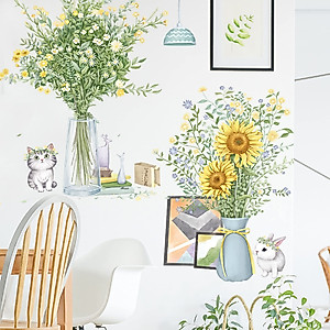 Sunflower Vase Plants Wall Sticker Cute Cat Rabbit Decor, Removable Daisy Flower Green Leaf Wallpaper Decals, AUHOKY Garden Potted DIY Art Mural for Living Room Bedroom Kitchen Nursery Home Decoration