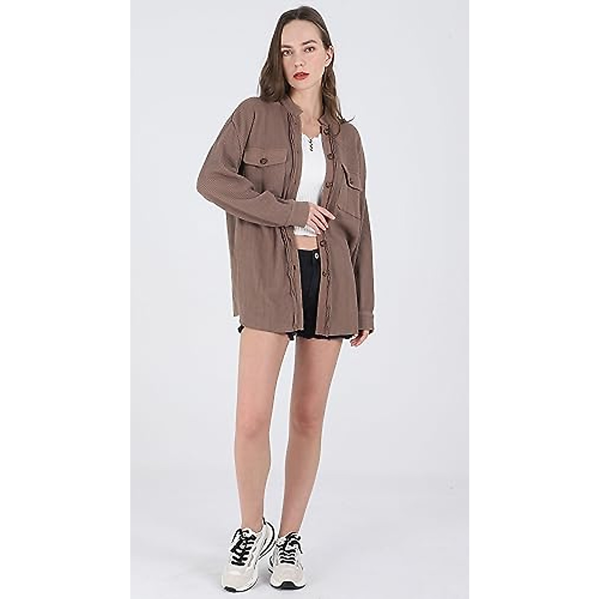 chouyatou Women's Loose Fit Batwing Sleeve Waffle Knit Button Down Shirt Shacket Tops (Large, Coffee)