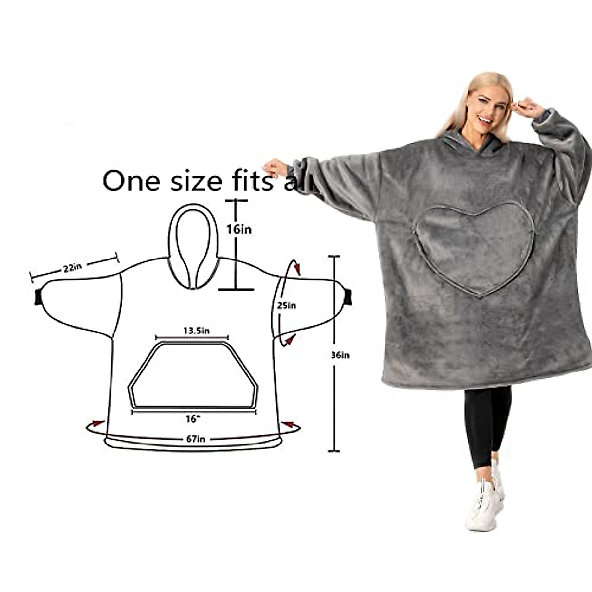 Birity® Wearable Blanket Hoodie Newest,Oversized Hoodie Blanket in Sherpa Warm Plush Fleece,Fashion Super Soft Heart Large Pocket Hooded Sweatshirt,One Size Fits All Men,Women,Teens,Adults,Seniors.