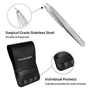 EXCLAIM BEAUTY Tweezers for Women & Men Pack of 4 Stainless Steel Tweezers Set, Precision Tweezers for Eyebrows Splinter Ingrown Hair Removal Tweezers Kit for Women with Leather Case – Silver