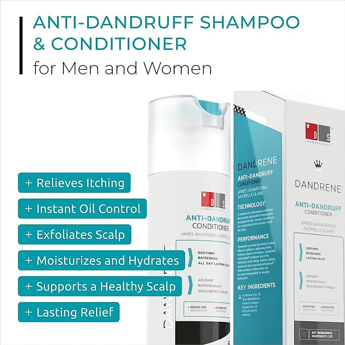 DS Laboratories Dandrene Anti Dandruff Shampoo & Conditioner - Dry Scalp Dandruff Treatment Shampoo Conditioner Set, Seborrheic Dermatitis & Psoriasis