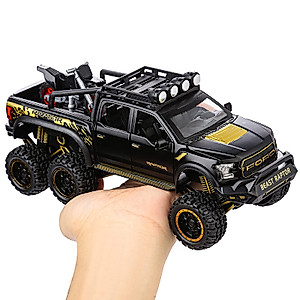 SASBSC Toy Pickup Trucks for Boys F150 Raptor DieCast Metal Model Car with Sound and Light for Kids Age 3 Year and up Black