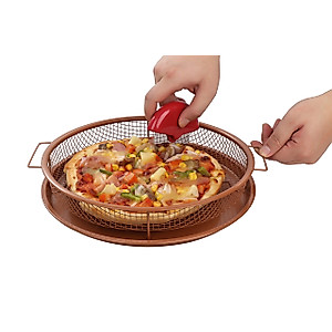 Deluxe Copper Crisper - 2-Pieces Nonstick Oven Air Fryer Pan/Tray & Mesh Basket Set - Air Fryer in Oven - Ideal for French Fry - Frozen Food, Baking Sheet without Oil - Bonus Pizza Cutter - WHG