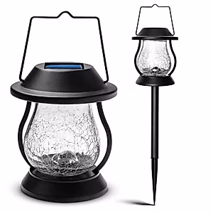 Landia Home Solar Pathway Lantern - Outdoor Decorative 2 in 1 Path Light or Hanging Lantern with Large Crackle Glass Housing, 2-Pack