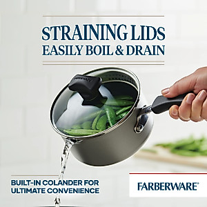 Farberware Cookstart DiamondMax Nonstick Straining Saucepan, Dishwasher Safe, 1 Quart, Silver