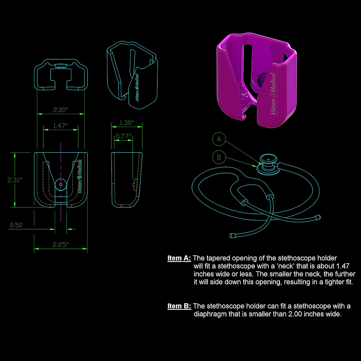 Three Mitten Medical Professional Stethoscope Holders with Scrub-Lock (TM) [One of Each Color]