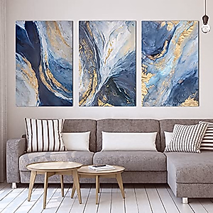Looife Abstract Canvas Wall Art 24x36 Inch 3 Panels Blue and Yellow Lines Painting Picture Giclee Prints Gallery Wrapped Ready to Hang Artwork for Living Room Office Decoration