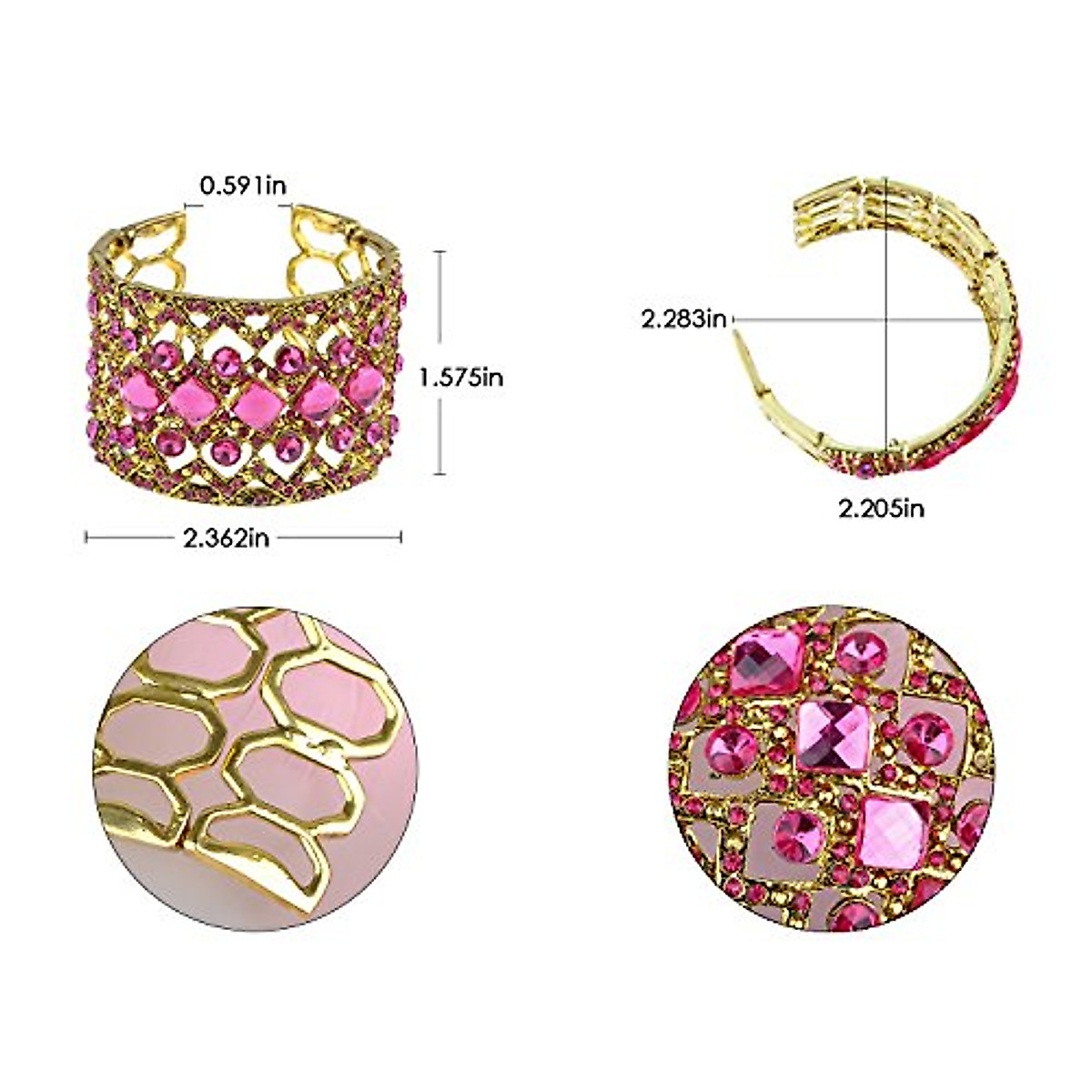 Alilang Womens Rhinestone Bracelet Exotic Golden Tone Fuchsia Pink Crystal Cuff Bangle