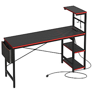 Bestier Gaming Desk with Power Outlets, 61 Inch Large Led Gamer Desk with 4 Tiers Reversible Shelves, PC Gaming Table with Headset Hook & Side Storage Bag for Bedroom (Black 3D Carbon Fiber)