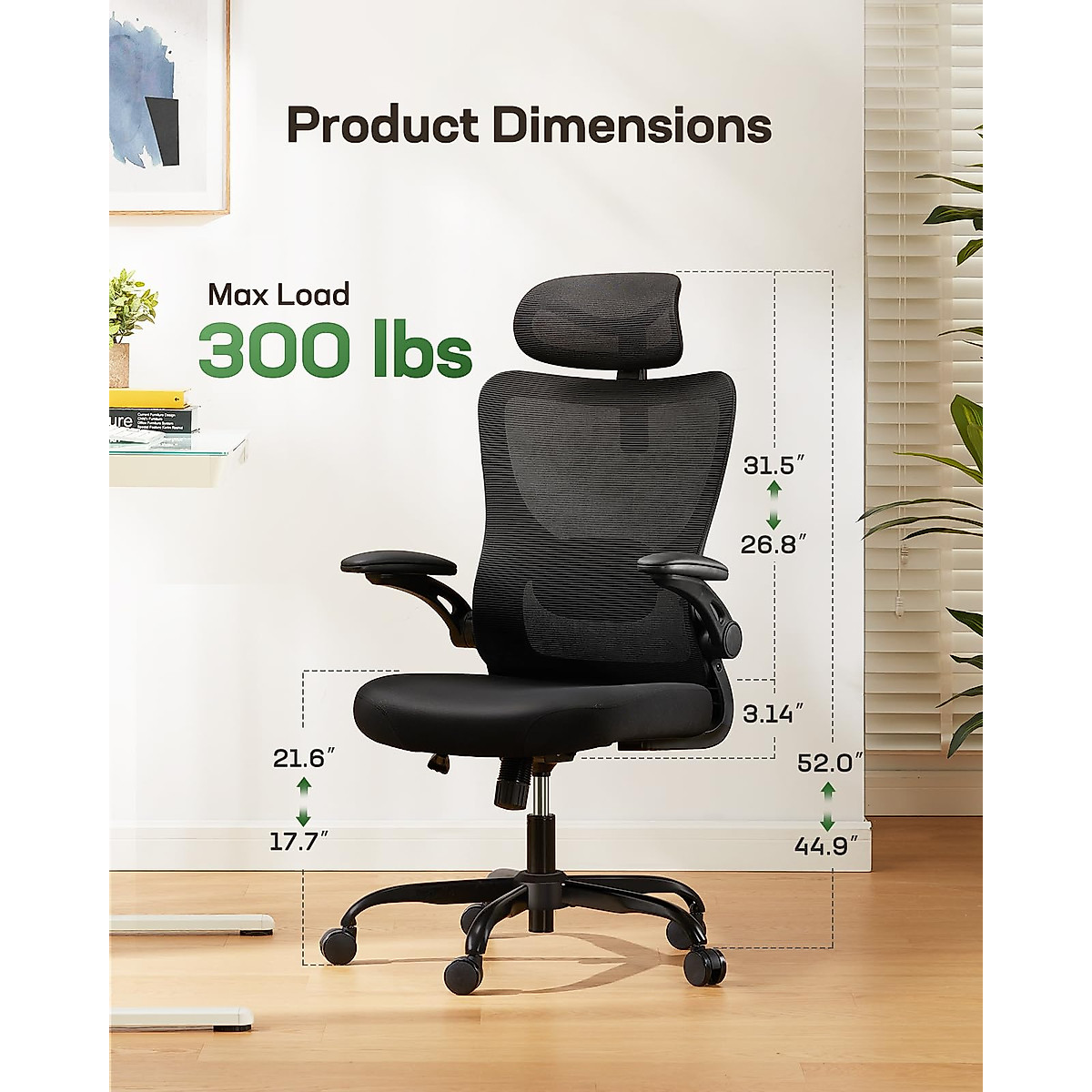 Marsail Ergonomic Office Chair: Office Computer Desk Chair with High Back Mesh and Adjustable Lumbar Support Rolling Work Swivel Task Chairs with Wheel 3D Armrests and Headrest