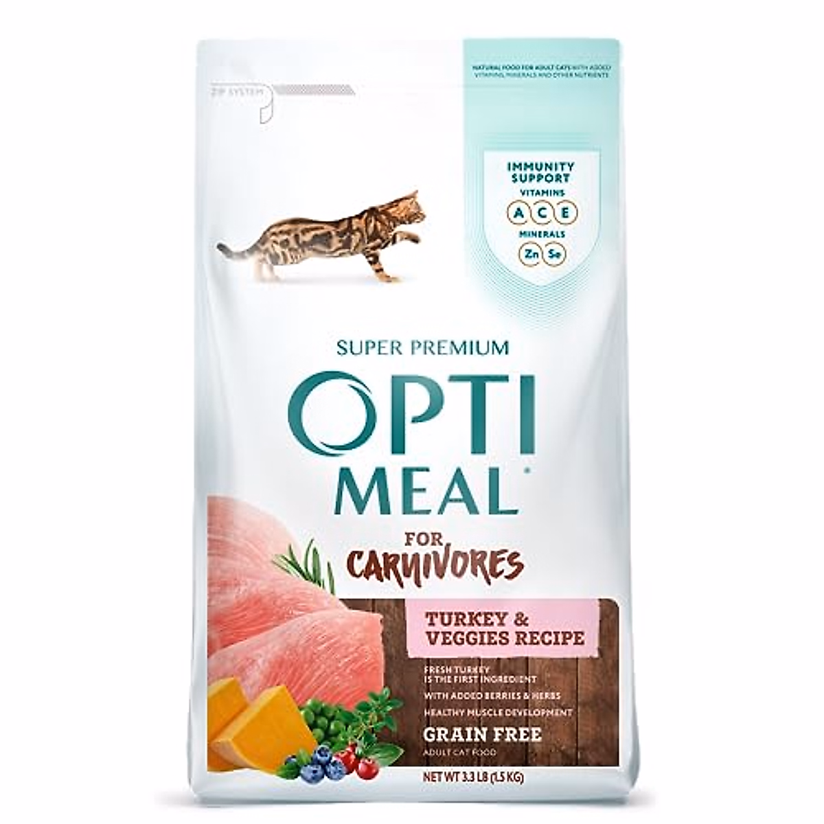 OPtimeal Grain Free Cat Food - Proudly Ukrainian - Healthy Cat Food Dry Recipe for Gut Health, Tasty Dry Cat Food with Immunity Support for Adult Cats (3.3 lbs, Turkey & Veggies)