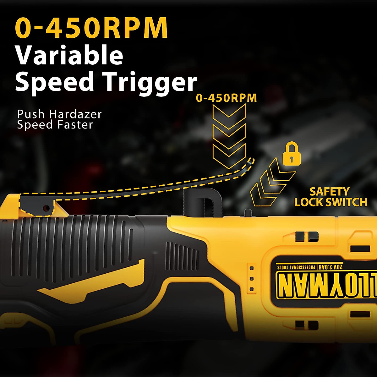 Alloyman 2 X 20V Power Ratchet Wrench Kit, 450 RPM 3/8 Inch Cordless Electric Ratchet Wrench with Variable Speed Trigger, 7 Sockets, 1/4" Adapter & 1-Hour Fast Charger