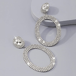 Chargances Dainty Round Rhinestone Earrings Shiny Big Crystal Circle Drop Dangle Earrings Fashion Stud Earrings for Women Gift Party (Silver)