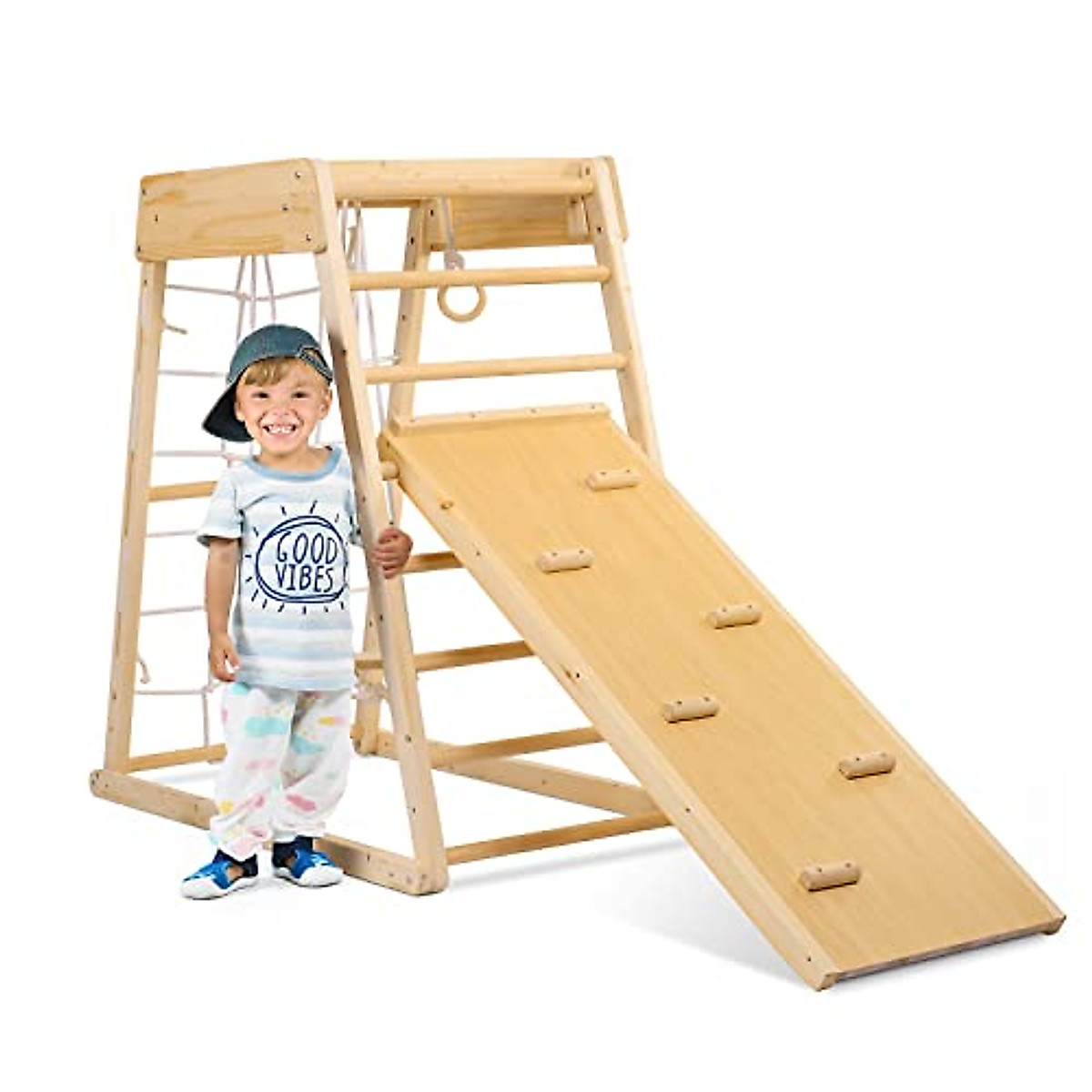 Climber,Indoor Playground Wood Playset 7-in-1 with Jungle Gym, Ramp, Slide, Swing, Swedish Ladder, Pine Wood, Rock Wall Dome for Kids Ages 1+