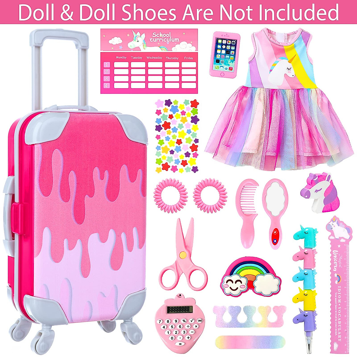 21pcs 18 Inch Doll Clothes and Accessories for Doll School Play Set Includes Suitcase, Clothes, Sticker, Class Schedule Card, Comb, Mirror, Eraser, Calculator, Nail File Buffer, Pencil, Ruler