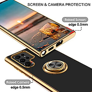 BENTOBEN Samsung S22 Ultra Case, 360° Ring Holder Kickstand Support Car Mount Elegant Plating Edge Slim Shockproof Soft TPU Protective Phone Cover for Samsung Galaxy S22 Ultra 6.8" 2022, Black/Gold