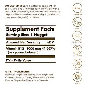 SOLGAR Sublingual Vitamin B12 1000 mcg - 250 Nuggets, Pack of 2 - Non-GMO, Vegan, Gluten Free, Dairy Free, Kosher, Halal - 500 Total Servings