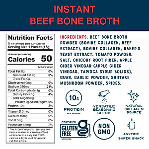 Bare Bones Beef Bone Broth Instant Powdered Mix | Rich Savory Packets on-the-Go No Artificial Flavors | 100% Grass Fed Keto & Paleo Friendly | 10g Protein | 8 Pack