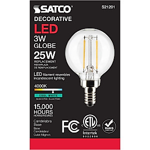 Satco 3-Watt LED E12 Light Bulb, 4000K, 15000 Hour Rating, Dimmable