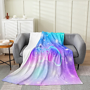Erosebridal Games Blanket Throw 50X60 Inch, Gamer Throw Blanket for Girls Child Kids, Blue Purple Ombre Gradient Gamepad Flannel Blanket, Video Game Bed Blanket Modern Control Buttons Bedroom Decor