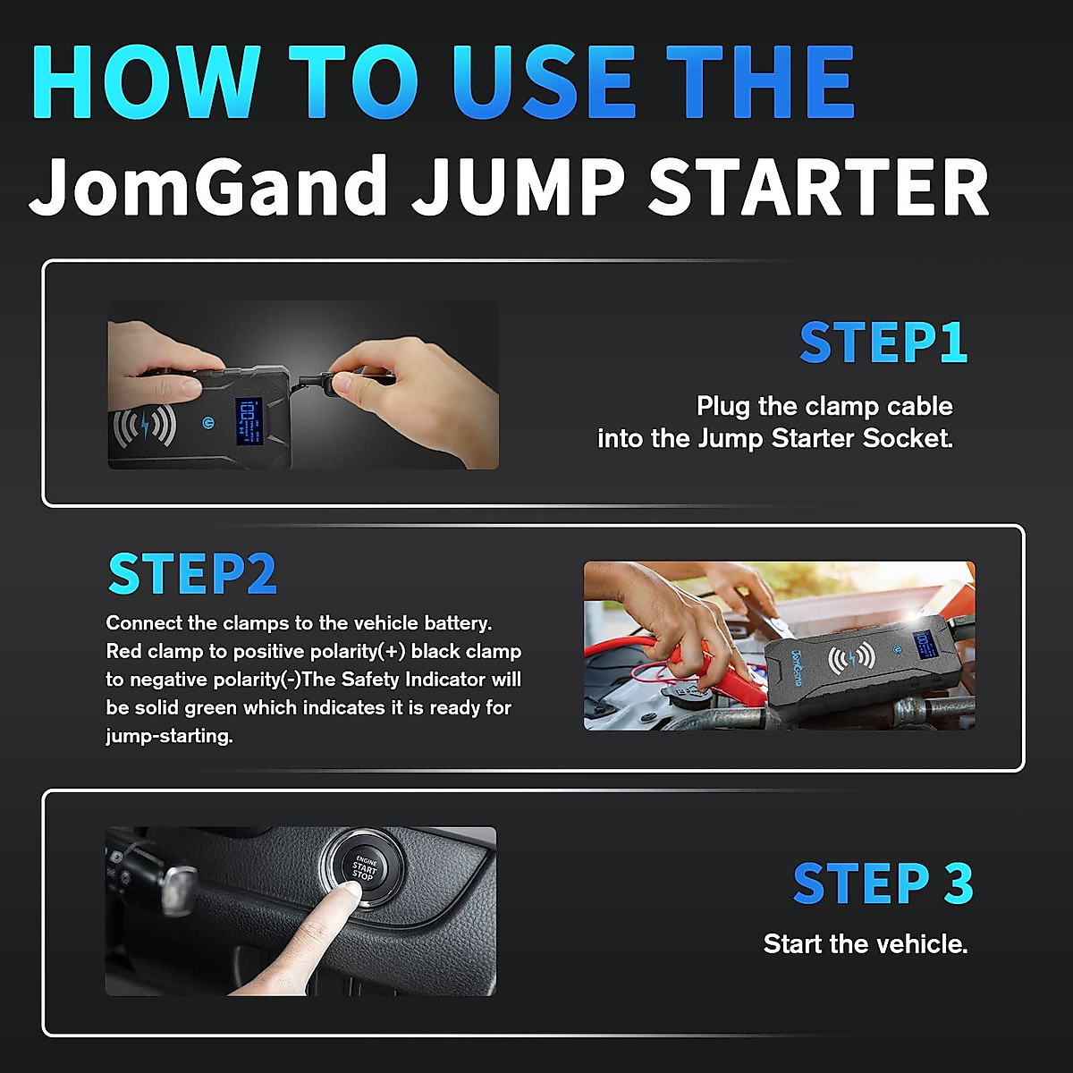 JOMGAND JW401 Jump Starter 2000A Car Battery Charger 22000mAh 12V Lithium Car Battery Booster Pack Portable Car Jump Starter with Wireless Charger Up to 8L Gas and 6L Diesel Engines
