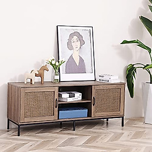 BIRASIL Industrial TV Stand, Wood TV Cabinet with Rattan Doors, Entertainment Center with Storage, Rustic Television Stands for TVs up to 60 inch for Living Room (Natural Oak, 56 Inch)