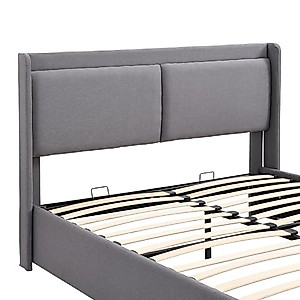 BOVZA Queen Size Lift Upholstered Platform 2 Drawers, Modern Wingback Headboard, Hydraulic Storage Bed Frame, Linen Gray