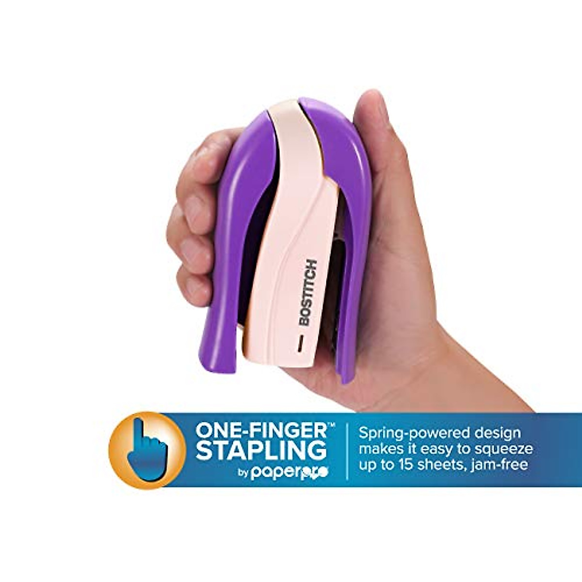 Bostitch Office inSHAPE 15 Reduced Effort Compact Stapler, Purple (1454), 4.3" x 1.9" x 7.5"
