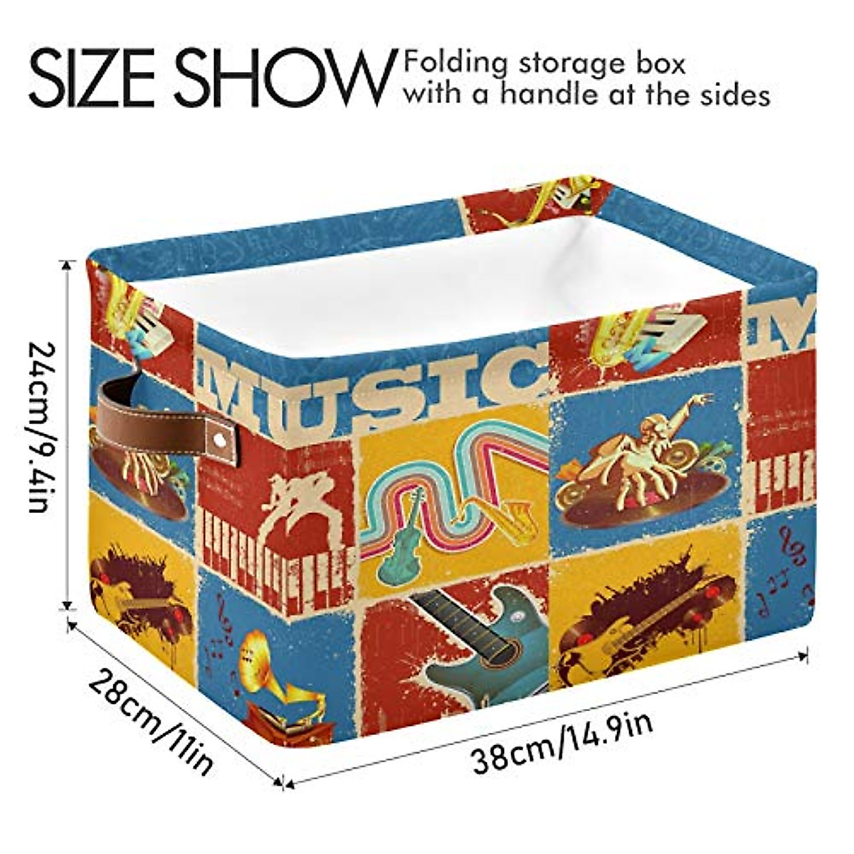 Storage Bins Vintage Music Instrument Storage Basket Collapsible Cube Rectangle with Handle Storage Box for Shelves Home Office Closet 2 Pack