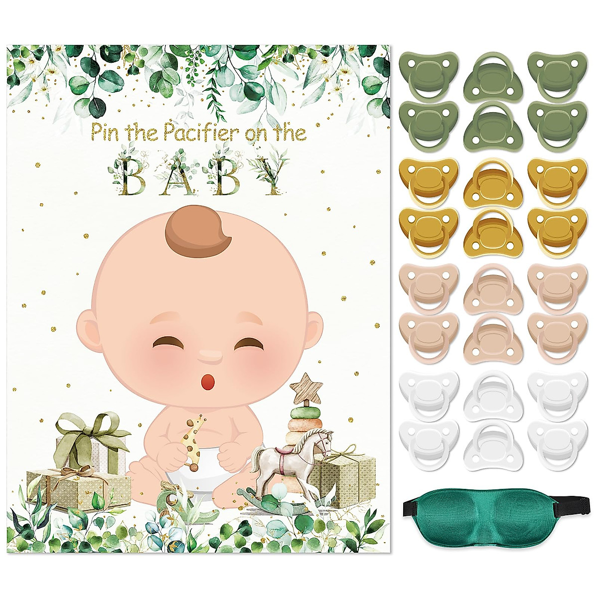 Faccito Pin The Pacifier on The Baby Party Games Sage Green Baby Shower Decorations Pin Pacifier on Baby Game with 24 Pacifier Stickers Game Blindfold for Baby Shower Birthday Party Supplies(Fair)