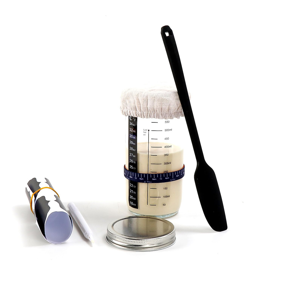 Sourdough Starter Jar for Sourdough Bread Baking, Sourdough Starter Kit With Date Marked Feeding Band, Thermometer, Scraper, Sourdough Container Sewn Cloth Cover & Metal Lid