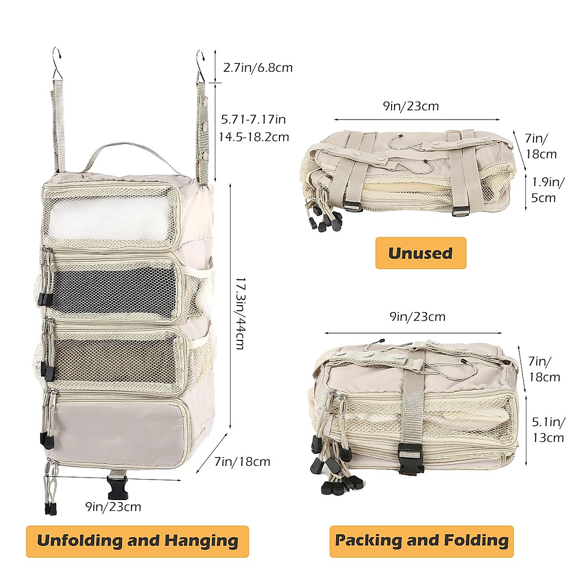 TABITORA Travel Luggage Organizer Hanging Packing Cubes Portable Hanging Shelves Carry on Closet for Suitcase with 2 Hooks,Collapsible(Beige,S)