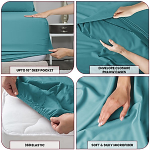 Lux Decor Full Sheet Set - 6 PC Brushed Microfiber Bed Sheets 16 Inches Deep Pockets - Embroidered & Plain Pillowcases - Hotel Luxury Sheets Full Size Bed Set - Soft Bedding sheets (Teal)