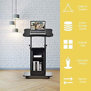 Tangkula Mobile Laptop Podium, Height Adjustable Podium Stand, Standing Desk, Rolling Desk Laptop Cart with Swivel Top & Movable Wheels