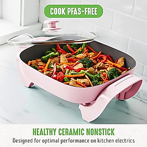 GreenLife Healthy Ceramic Nonstick, 12" 5QT Square Electric Skillet with Glass Lid, Dishwasher Safe, Adjustable Temperature Control, PFAS-Free, Pink