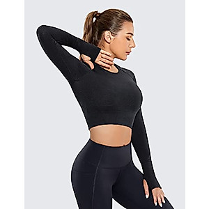 VANTONIA Women's Seamless Long Sleeve Crop Top Cute Workout Yoga Top Breathable Sports Running Gym Shirts with Thumb Holes Dark Black Marl X-Large