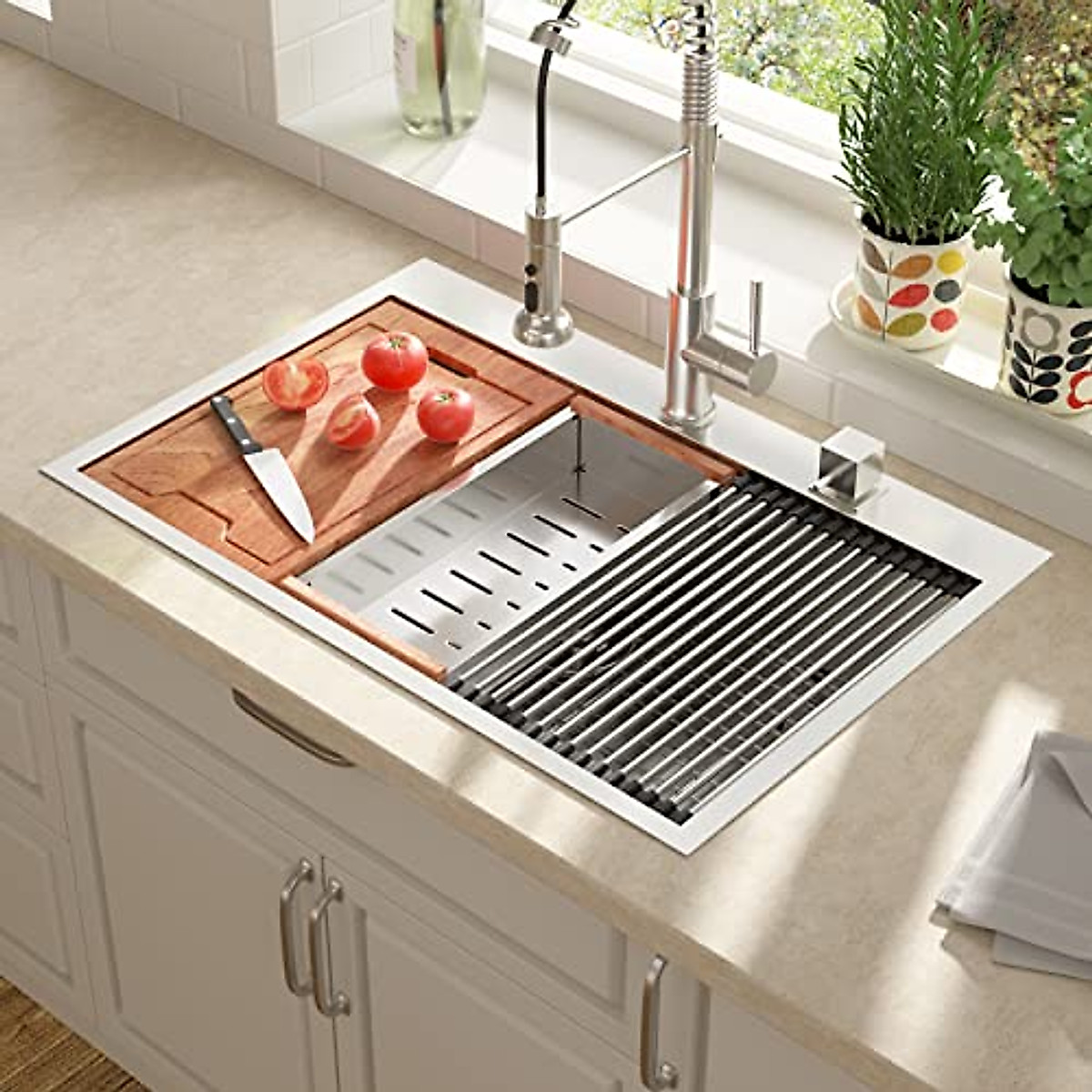 Lordear Kitchen Sink 33 Inch Drop In Kitchen Sink 33 x22 Inch Workstation Single Bowl Topmount 16 Gauge Stainless Steel 10'' Deep Handmade Kitchen Sink with Cutting Board