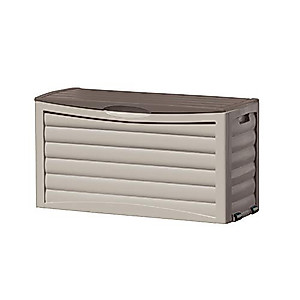 Suncast 63-Gallon Medium Deck Box - Lightweight Resin Indoor/Outdoor Storage Container and Seat for Patio Cushions, Gardening Tools and Toys - Store Items on Patio, Garage, Yard - Gray (DB6300)