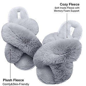 JIASUQI Cross Band Indoor House Slippers for Women Soft Plush Furry Cozy Fur House Shoes Outdoor Warm Slippers for Winter Spring Grey 10-11
