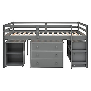 Harper & Bright Designs Twin Size Low Loft Bed with Desk and Storage Cabinet, Wooden Low Study Loft Bed with Drawers, for Kids Teens Girls Boys - Gray