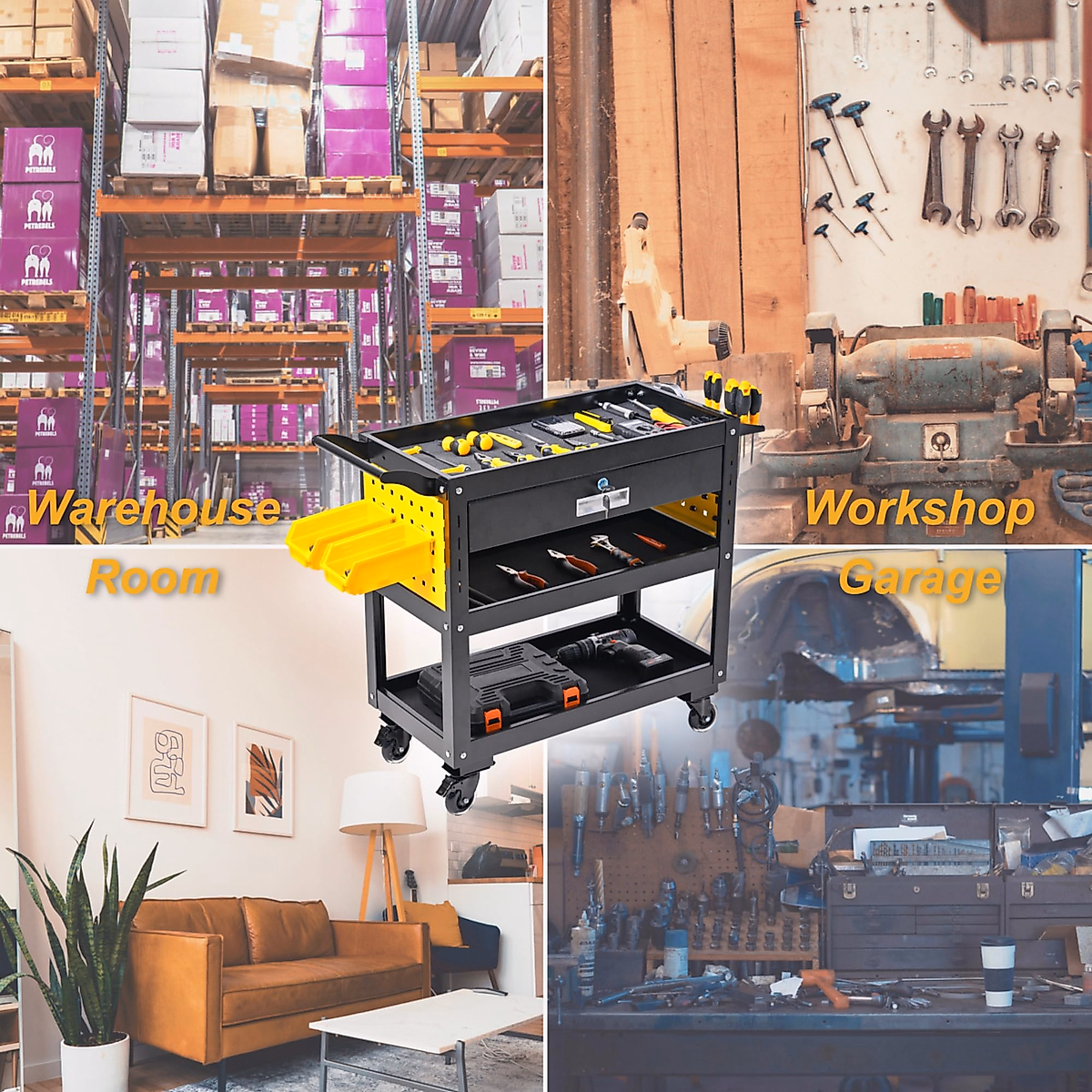 T-HAKEN 3-Tier Rolling Tool Cart with Drawer (Keyed) - Black and Yellow Tools Box Cabinet on Wheels.